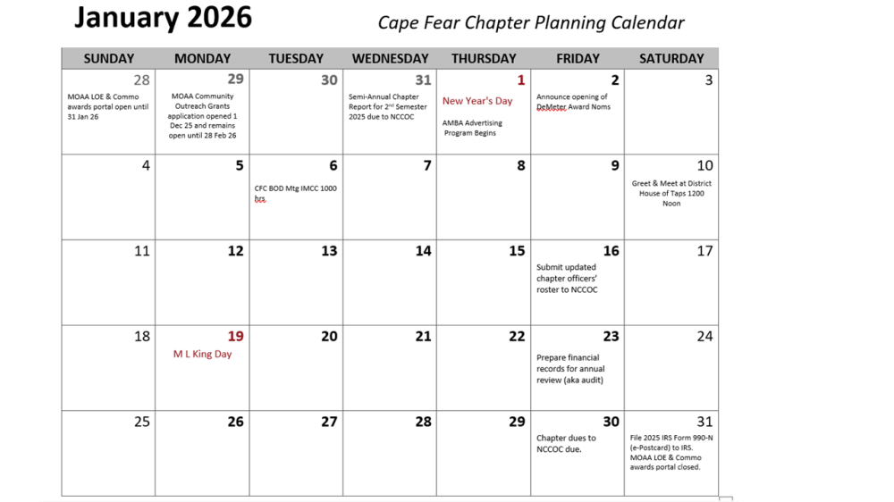 The Cape Fear Chapter MOAA : Calendar
